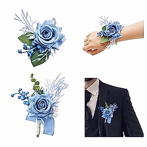 AJOYEGG Wrist Corsage and Boutonniere Set: Corsage Wristlet Band Bracelet Flower and Men Boutonniere Rose Flower Set for Wedding Prom Suit Decoration(Dusty Blue)