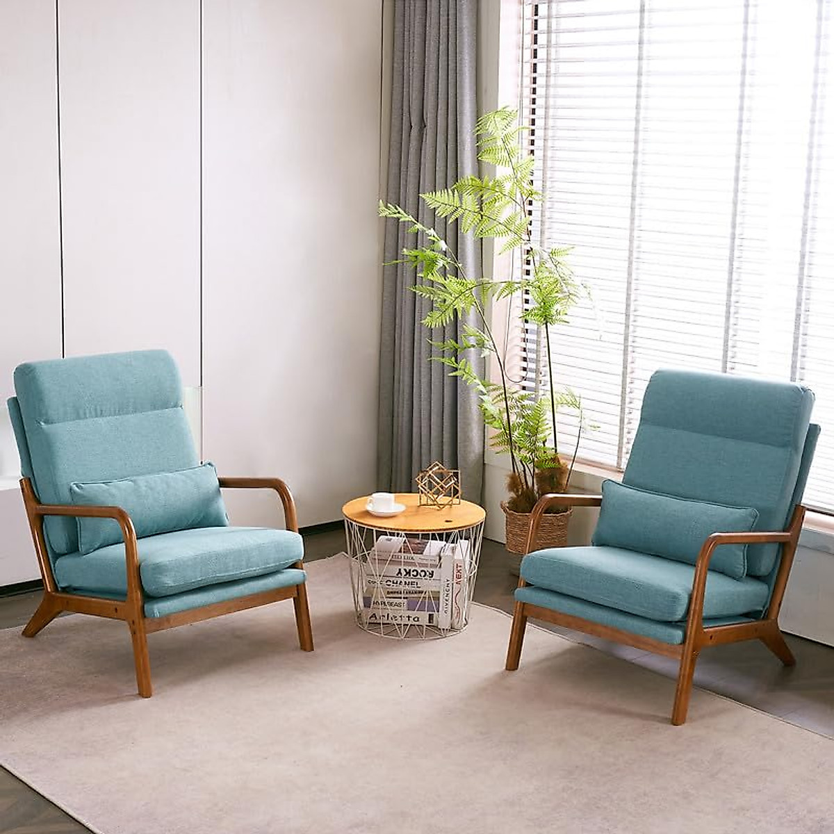 High Back Accent Chairs for Living Room Arm Chair Mid-Century Modern Chair w/ Pillow,Single Lounge Armchair Comfy Reading Chair for Bedroom,Apartment,Dorm, Office,Supports 330 Lbs,Easy Assembly,Teal