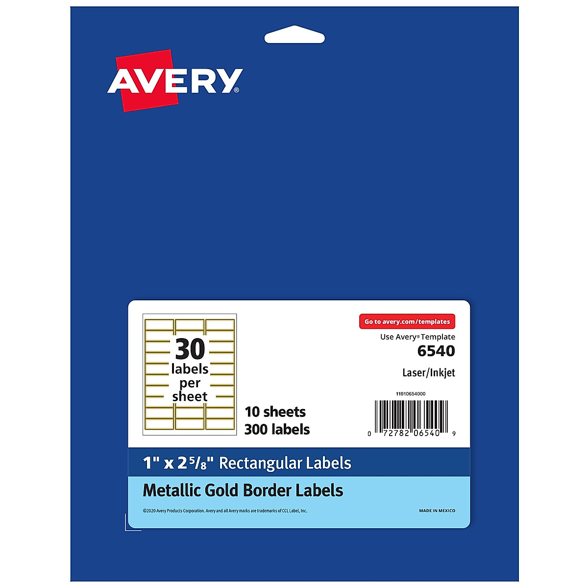 Avery Printable Address Labels, 1" x 2-5/8", Matte White with Metallic Gold Borders, 300 Blank Mailing Labels (06540)