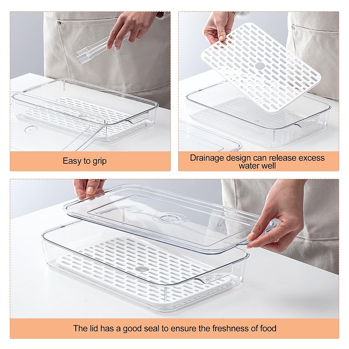2 Pcs Bacon Storage Container for Refrigerator with Tong, Bacon Deli Meat Storage Container with Perforated Tray for Freshness, Clear Plastic Meat Saver for Fridge Food