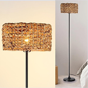 Casamoon Farmhouse Rattan Floor Lamp for Bedroom, Water Lettuce Hand-Knitting Shade Tall Standing Light for Living Room Corner Lighting, Mid Century Rustic Vintage Home Décor, Black