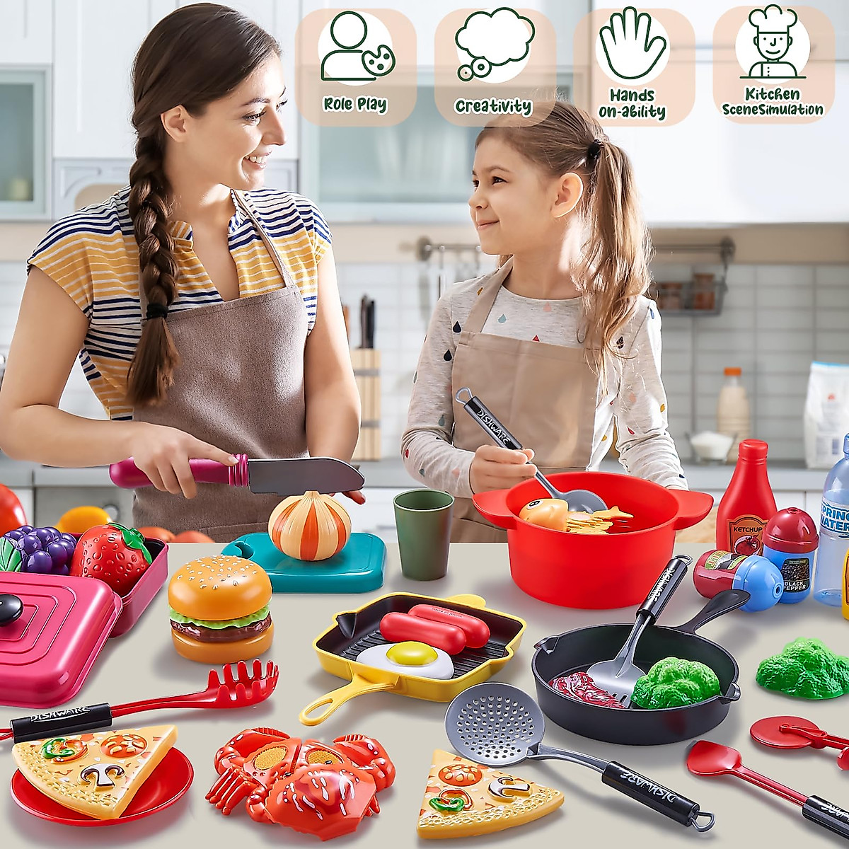 Comirth Play Kitchen Accessories – 48Pc Kitchen Toys, Kids Kitchen Playset with Kids Pots and Pans Playset, Pretend Play Food Fruit, Veggies, Pizza, Cooking Toys & Utensils, Kitchen Set for Kids Gift