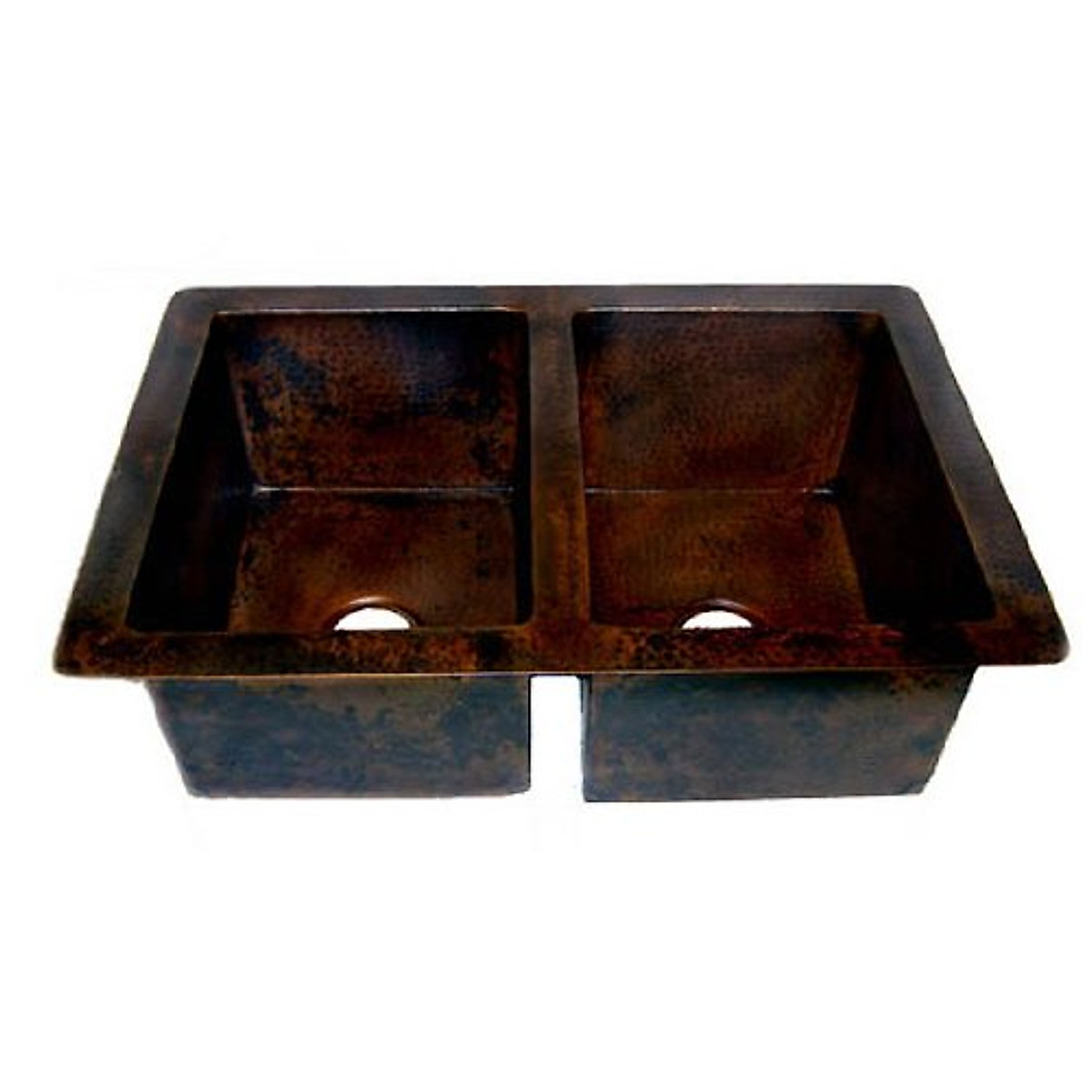 Copper Kitchen Drop-in or Under-mount Sink, Double Bowl, 60/40 Split, Dark Brown Patina (33x22x9)