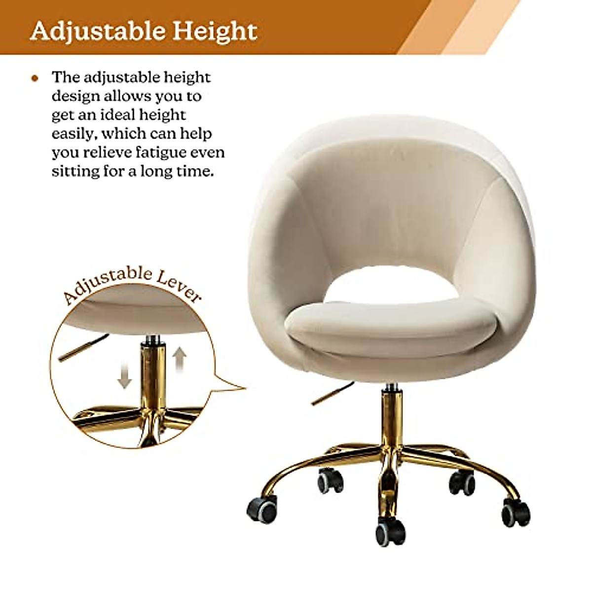 TINA'S HOME Modern Velvet Office Chair with with Adjustable Swivel, Comfy Upholstered Desk Chair with Open Back, Small Cute Chair for Living Room Study Vanity, Tan