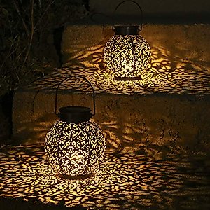 Solar Lanterns Outdoor, Shineslay Solar Lanterns Outdoor IP44 Waterproof, 2 Pack Hollowed-Out Metal Retro Hanging LED Lights, Sensitive Lighting Control Lamp for Patio Courtyard Balcony Garden