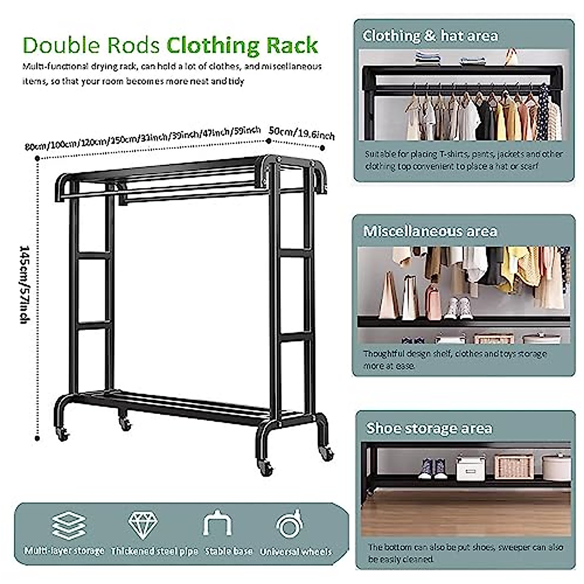 HM&DX Clothes Rack with Wheels,Double Rods Clothing Rack for Hanging Clothes,Heavy Duty Clothes Garment Racks,Industrial Pipe Clothes Rack,Metal Rolling Clothing Racks Organizer for Clothes Shoes