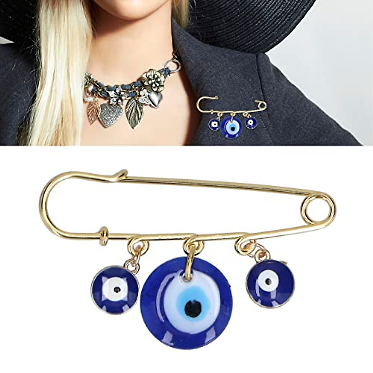 3pcs Evil Eye Stroller Pin for Baby Brooch Alloy, Clothing Pins 3 Blue Eye Pendants Golden Pin, Exquisite Multifunctional Safety Pins for Clothes Bag Scarf Decoration, Sewing Notions Supplies