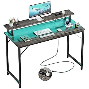 iSunirm 47 inch Computer Desk with Power Outlets, Gaming desk with LED Lights, Home Office Work Desk with Monitor Shelf, Modern Office Desk Study Writing Table for Small Spaces, Black Oak