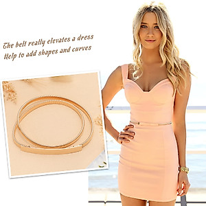 VONMELLI Skinny Elastic Metal Cinch Belt for Dress Stretch Thin Waist Belt for Women Gold Tone M