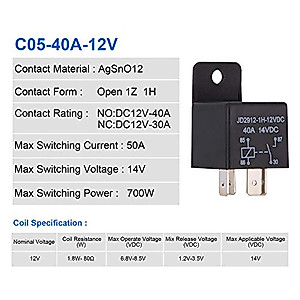 EHDIS Car Relay 4 Pin 12v 40amp Spst Model No.: JD2912-1H-12VDC 40A 14VDC, Auto Switches & Starters,Pack of 2