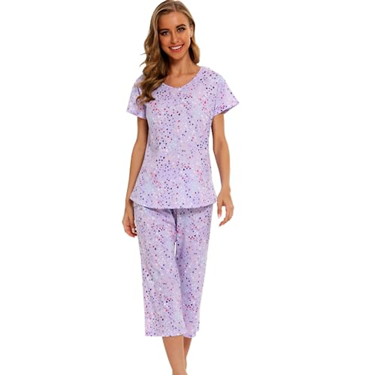 ENJOYNIGHT Women's Cute Sleepwear Tops with Capri Pants Pajama Sets Cotton Pj Set for Women(2X-Large,PU) Purple