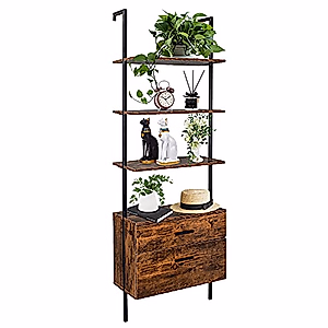 Industrial Wall Mounted Bookshelf with Wood Drawers, 4-Tiers Ladder Shelf Bookcase with Cabinet, Modern Open Book Shelves for Living Room, Bedroom, Home, Office (24 x 12 x 71 Inches, Rustic Brown)