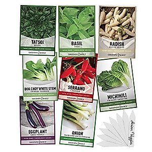 Asian Vegetable Seeds for Planting 8 Packets Bok Choy, Michihili (Napa) Chinese Cabbage, Tatsoi, Onion, White Radish, Serrano, Eggplant for Your Non GMO Heirloom Vegetable Garden by Gardeners Basics