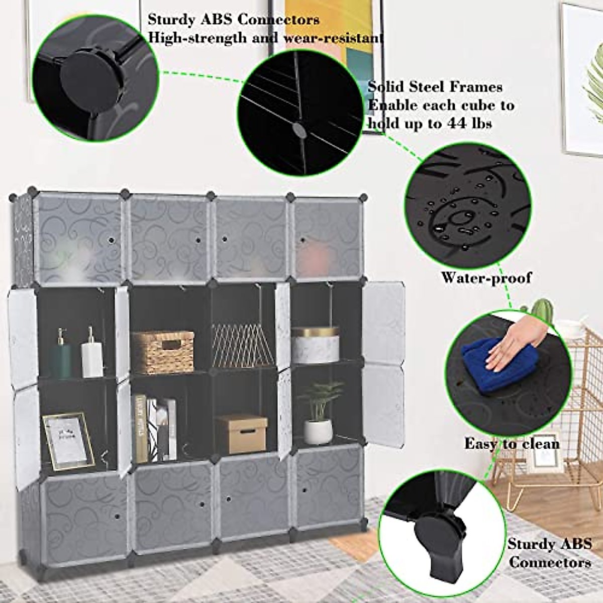 VINGLI Portable Storage Cubes-14 x14 Cube (16 Cubes)-More Stable (add Metal Panel) Cube Shelves, Modular Bookshelf Units, Clothes Cube Storage Shelves, Room Organizer for Cubby Cube