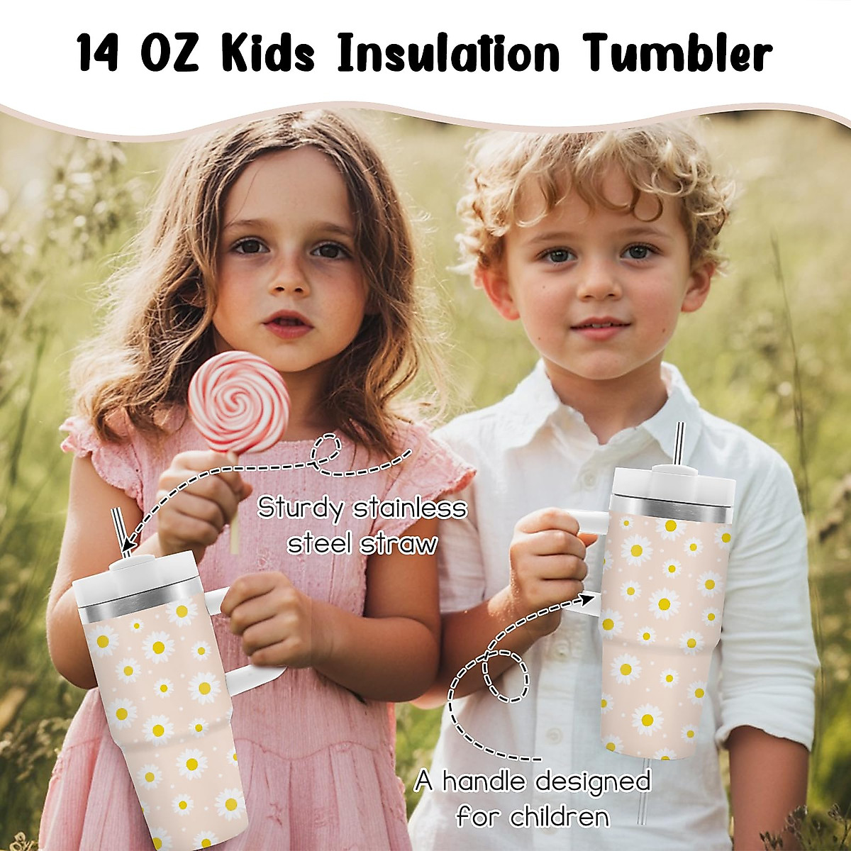 Daisy Gifts for Girls Women, Cute Daisys Tumbler with Handle for Kids 14 Oz, Daisy Lovers Gifts for Little Girl, Insulated Stainless Steel Daisies Flower Cups, Floral Birthday Gift for Daughter