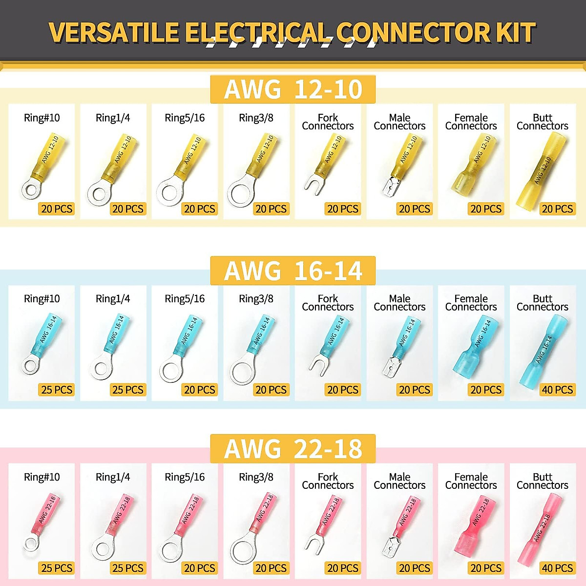540PCS Marine Grade Heat Shrink Wire Connectors - Sopoby Electrical Connectors Kit of Tinned Red Copper, AWG 22-10 Waterproof Crimp connectors terminals Insulated Ring Fork Spade Butt Splices