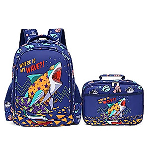 Backpack for Boys Dorlubel Lightweight Shark School Backpack with Insulated Lunch Tote Preschool Kindergarten Elementary Book Bag Set With Chest Strap(Shark Wave)