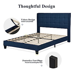 Allewie Queen Size Platform Bed Frame with Wingback/Fabric Upholstered Square Stitched Headboard and Wooden Slats/Mattress Foundation/Box Spring Optional/Easy Assembly, Navy Blue