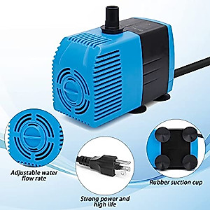 HUWLUIWA 160GPH Submersible Water Pump with 3.3 ft Tube & Filter Sponge,12W Mini Ultra Quiet Fountain Water Pump with 3 Nozzles for Aquariums, Pond, Fish Tank, Water Feature