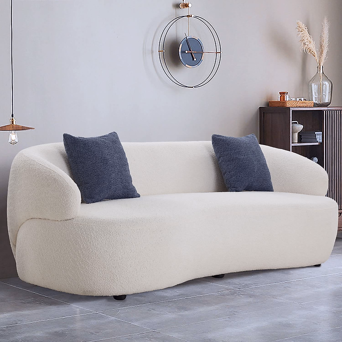 KEVINSPACE 86.61" Curved Sofa, Mid Century Modern Living Room Sofa, 3 Seater Boucle Couch with 2 Pillows, Luxury Curved Back Sofa Cream Couch for Bedroom, Office, Apartment, Beige