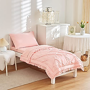 4 Pieces Pinch Pleated Toddler Bedding Set with Ruffle Fringe, Solid Color Pink Unisex Pintuck Toddler Sheet Sets for Baby Girls, Includes Comforter, Flat Sheet, Fitted Sheet and Pillowcase