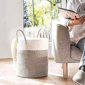 NamRamo Blanket Basket Living Room 13.8" x 13.8" x 15.8", Large Basket Baby Toy Basket, Cotton Rope Laundry Basket with Handle, Tall Rope Basket, Woven Storage Basket, White & Ooatmeal Hamper