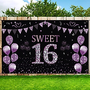Trgowaul Sweet 16 Birthday Decorations Banner Girls, Purple Sweet 16th Backdrop Birthday Party Sign Supplies, Sweet Sixteen Year Old Poster Background Photo Booth Props Decor, Sweet 16 Decorations