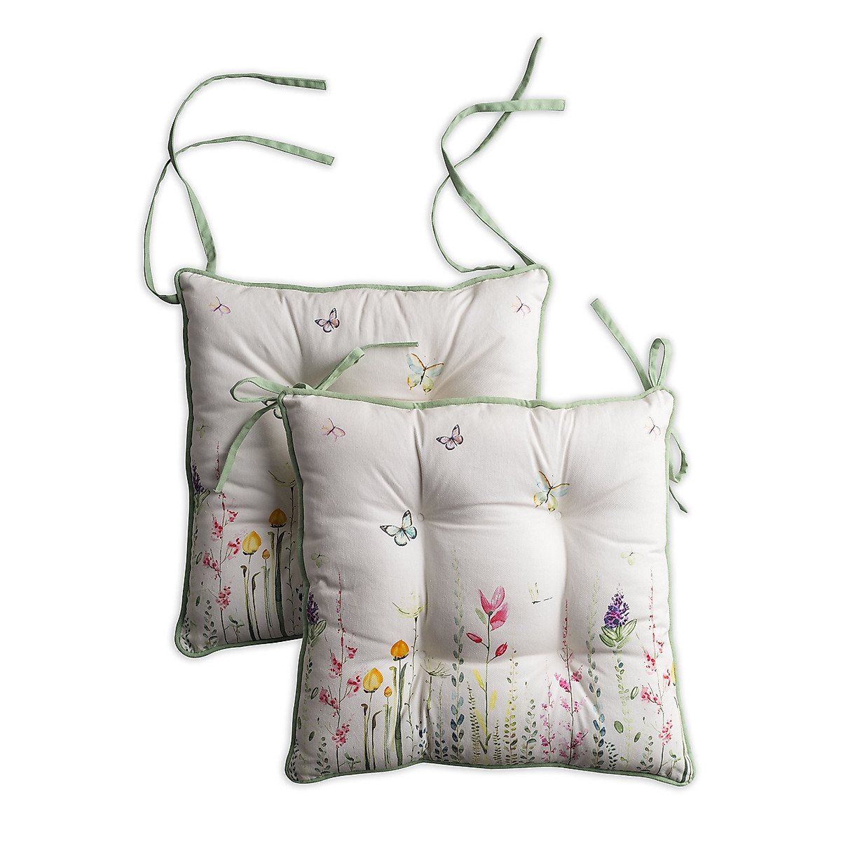 Maison d' Hermine Chairpads 100% Cotton Set of 2 Polyester Filling Cushion/Pillow Decorative Chair Pads with Ties for Kitchen, Party, Home & Camping, Botanical Fresh, Placed - Spring/Summer (16"x16")