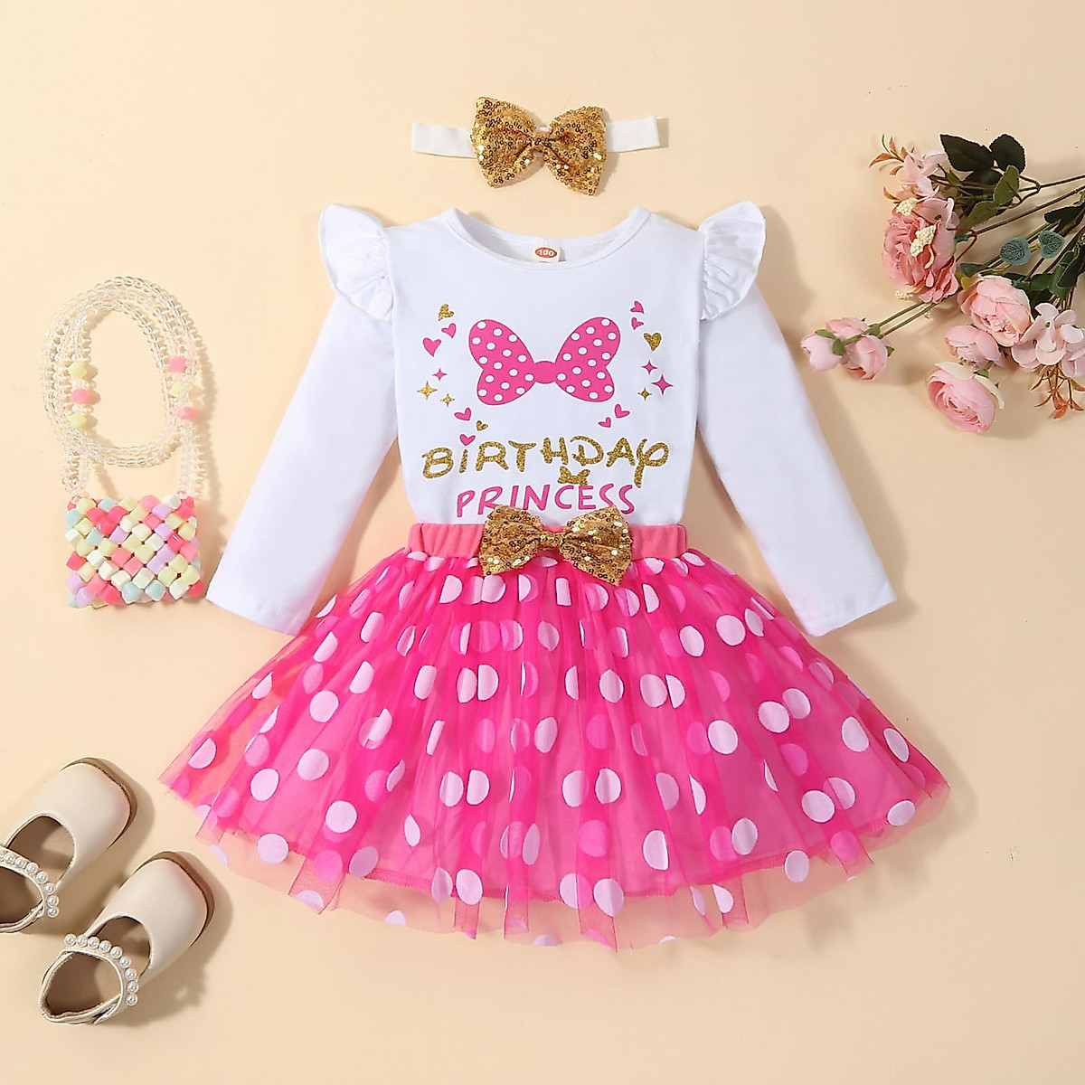 vivifayee Toddler Kids Baby Birthday Girl Outfit Ruffle Long Sleeve Mouse Ears Birthday Shirt Polka Dots Tutu Dress Cute Skirt Sets with Headband