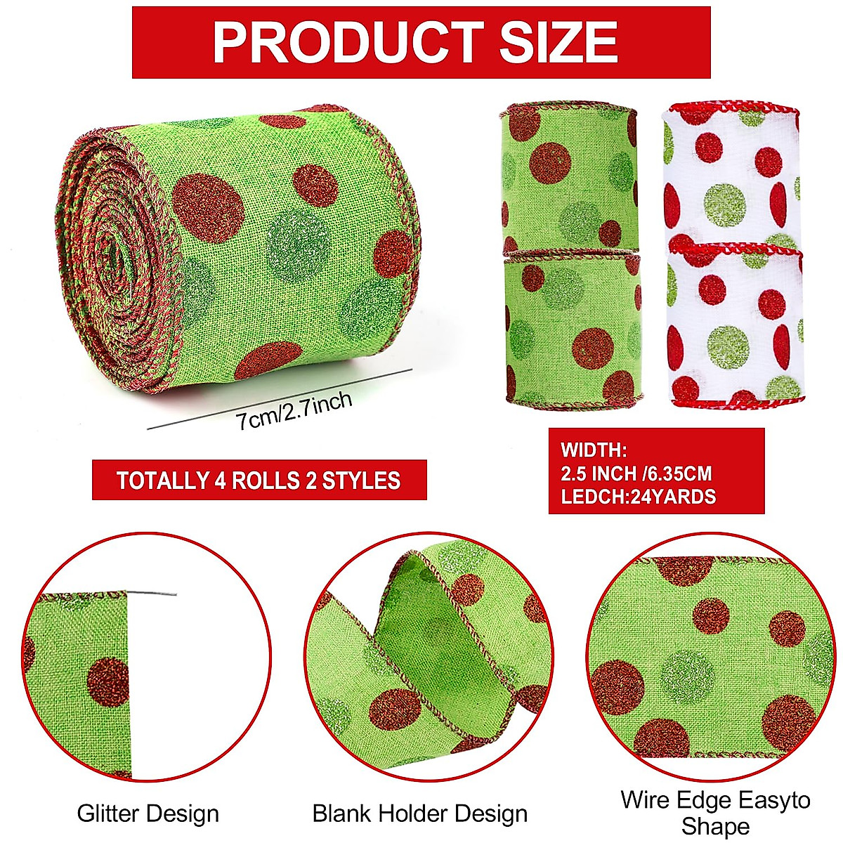 4 Rolls Christmas Ribbons Polka Dot Ribbon Wired Glitter Christmas Wired Ribbons Burlap Decorative Grinch Ribbons for DIY Craft Wreath Bows (Green, Red, 2.5 Inch x 6 Yard Per Roll)