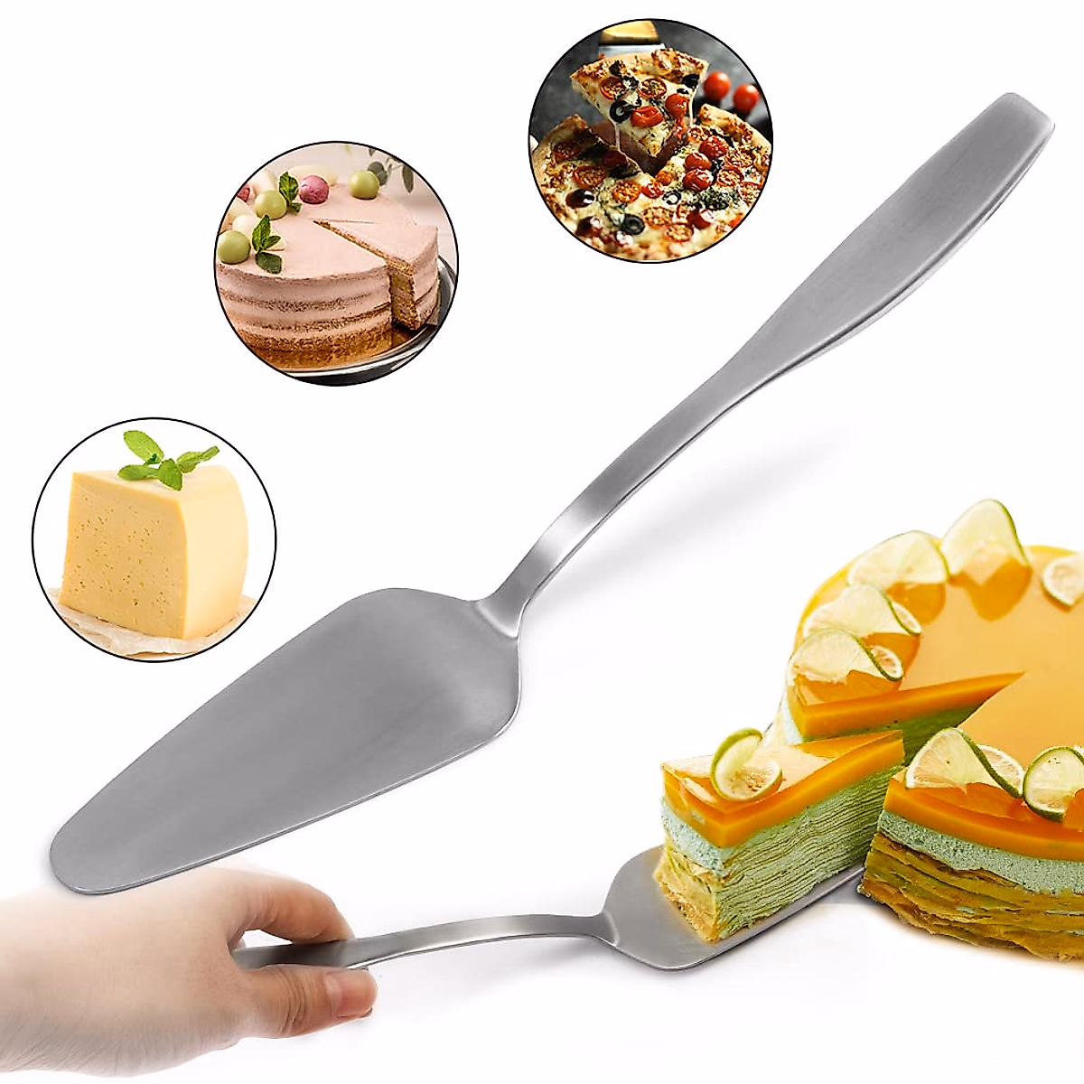 PAMISO Pie Spatulas Sever Stainless Steel, 2 Pack Small Turner Spatula Set, Pie Cake Server, 9.4 Inch Stainless Steel Slotted turner and 10.2 Inch PIZZA Pie Sever