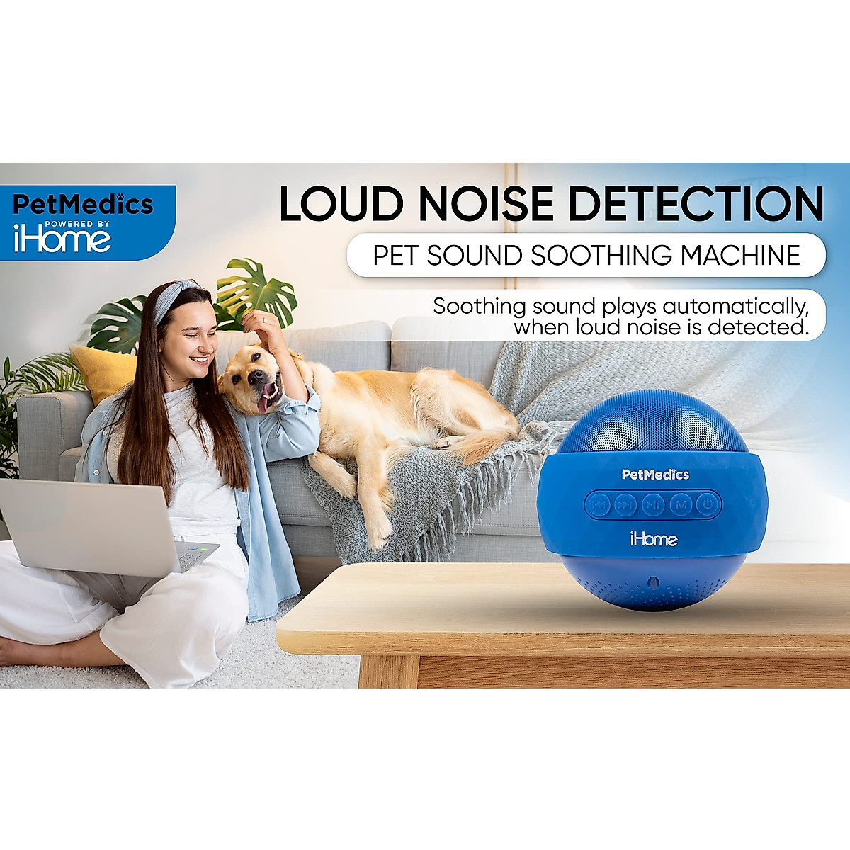 PetMedics Calming Pet Soothing Sound Noise Machine - Dog & Cat Anxiety Relief - 3 Calming Sounds - AC/Wall Powered - for Separation Anxiety, Thunderstorms & Fireworks Stress Relief - Powered by iHome