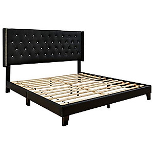 Signature Design by Ashley Vintasso Glam Button-Tufted Faux Leather Platform Bed with Rhinestones, Queen, Black