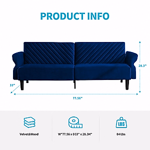 CECER 78''Futon Sofa with Ajustable Armrest, 3 Seat Convertible Sofa Bed Couch with Modern Design for Living Room,Apartment(Dark Blue)