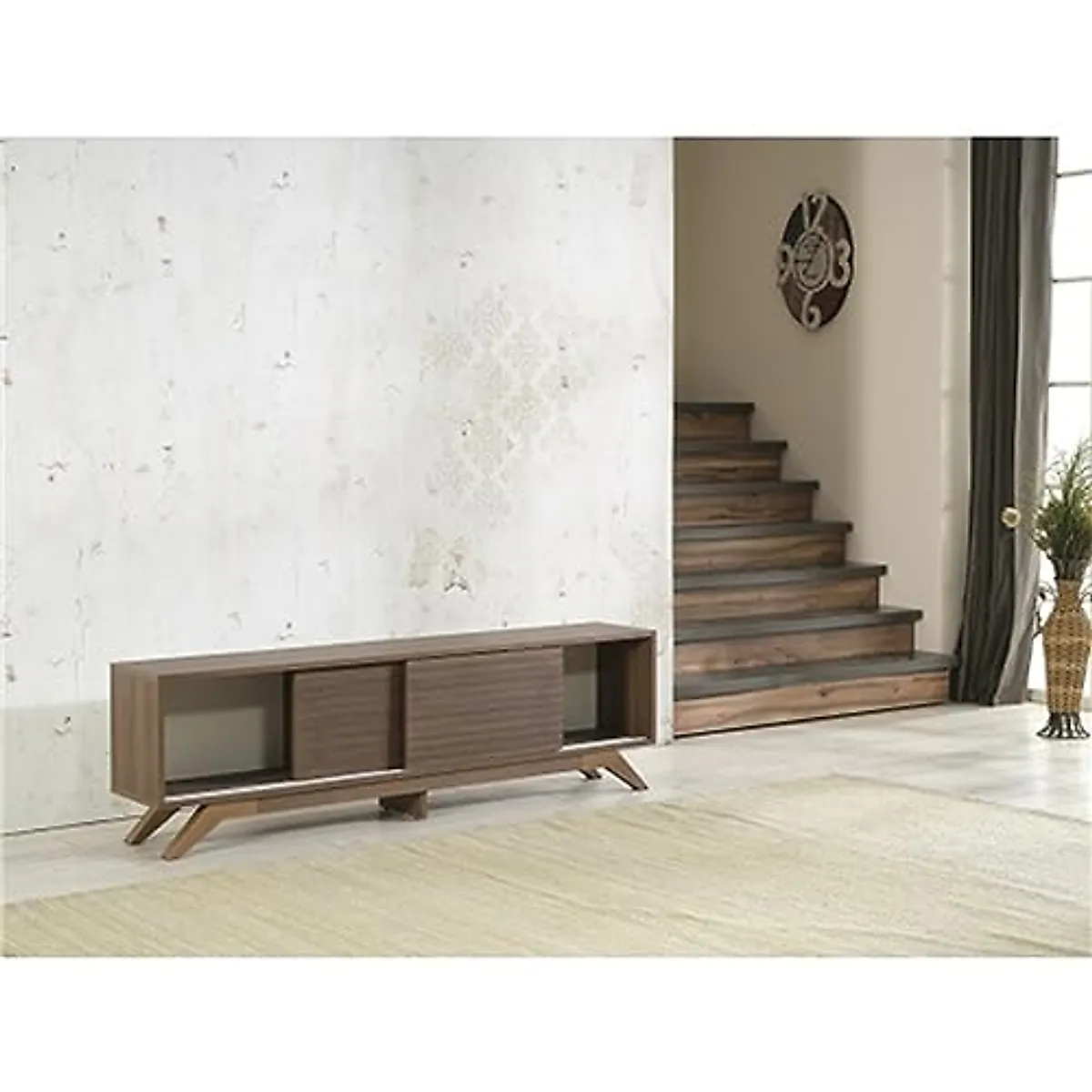 Natural Wood TV Stand Entertainment Center Mid Century Modern Console Table for Living Room Bedroom with 2 Sliding Door Cabinet 2 Shelves 67 inch Tv Unit, Walnut,Brown