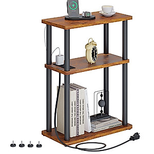 TRIFEBLE Small Side Table with Charging Station, Narrow End Table, Skinny Nightstand with USB Ports and Outlets, 3 Tier Bedside Table for Small Spaces, Living Room, Bedroom, Rustic Brown