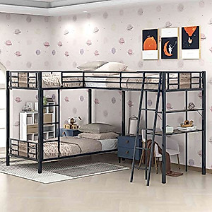 Cotoala Metal Triple Bunk Bed with Desk and Shelf, L-Shaped Bunkbed Attached Twin Size Loft Bedframe, for 3 Kids/Teens/Adults, Brown