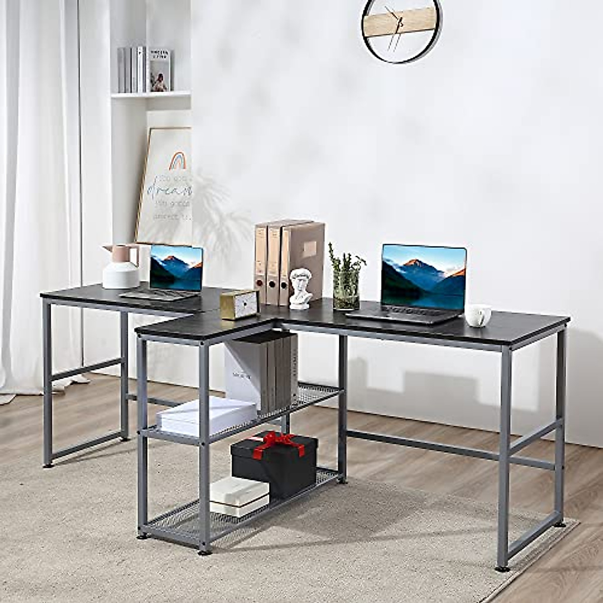 HOMCOM 83" Two Person Computer Desk with 2 Storage Shelves, Double Desk Workstation with Book Shelf, Long Desk Table for Home Office, Black