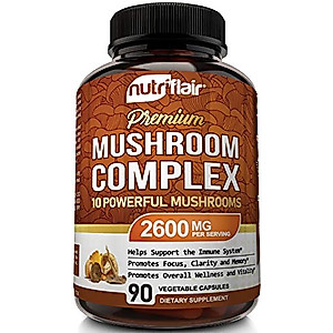NutriFlair Mushroom Supplement 2600mg, 90 Capsules - 10 Mushrooms Blend - Reishi, Lions Mane, Cordyceps, Chaga, Turkey Tail, Maitake, Shiitake, Oyster Nootropic Complex - Brain, Energy, Focus Pills