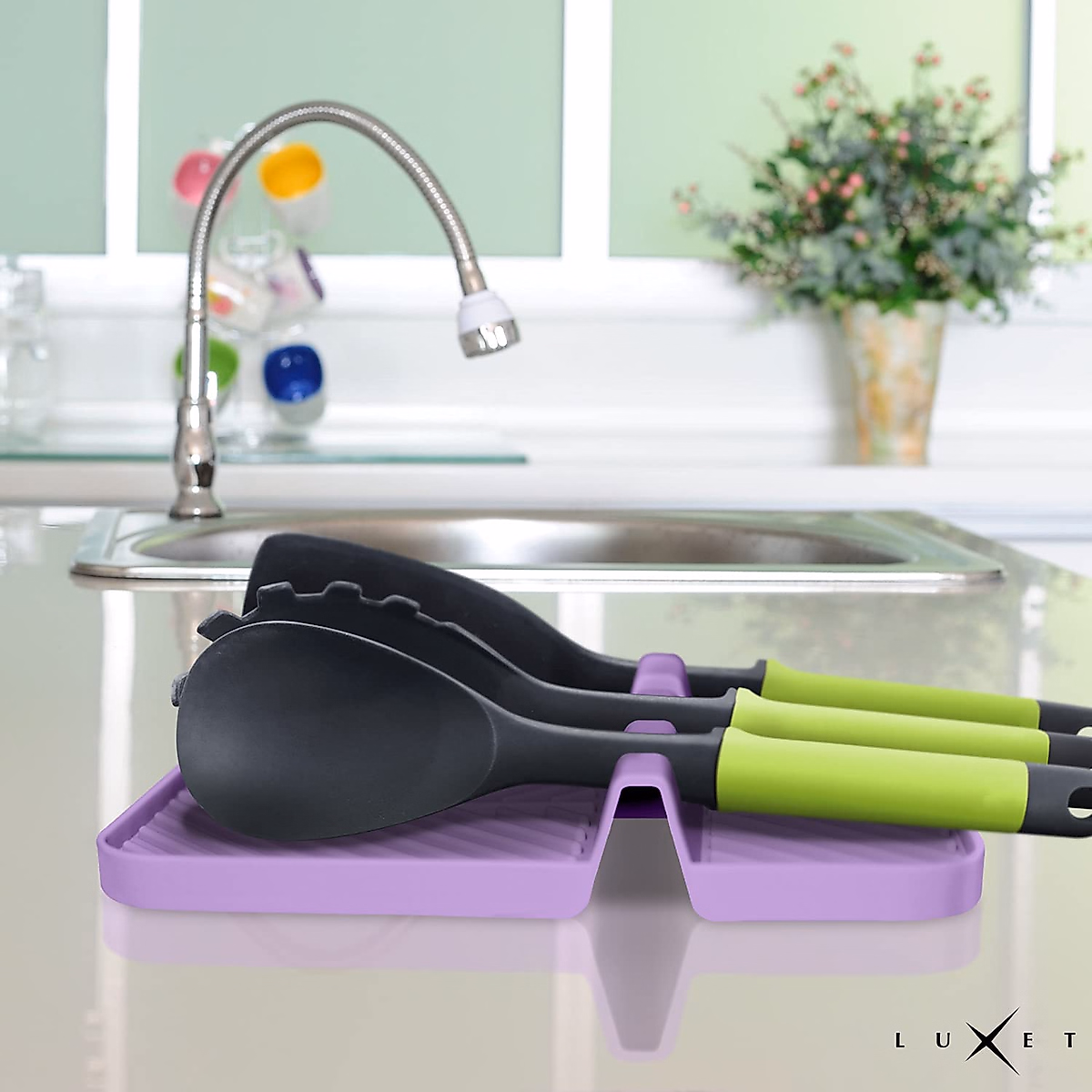 Luxet Updated Spoon Rest for Kitchen Counter, Heat-Resistant Silicone Utensil Rest for Countertop with Drip Pad,Non-Slip Spoon Holder for Stove Top Kitchen and Grill Utensil Holder Lid (Purple)