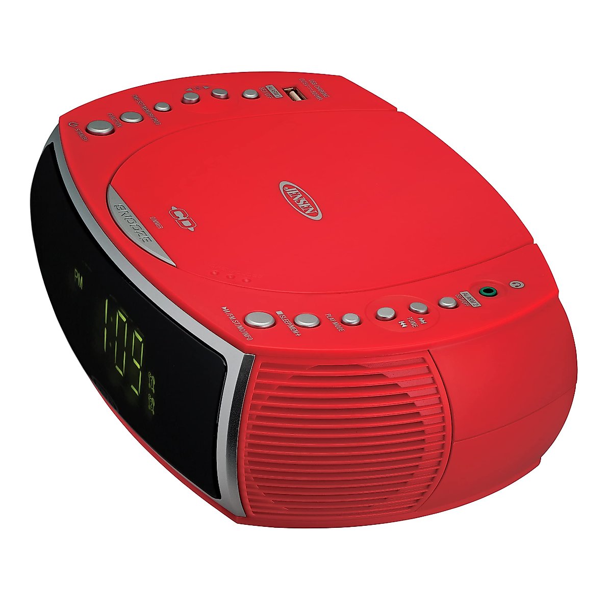 Jensen Red Modern Home CD Tabletop Stereo Clock Digital AM/FM Radio CD Player Dual Alarm Clock CD Top-Loading Player | USB Charging Port DV 5V 800mA | Headphone Jack | 0.9 Display Green LED