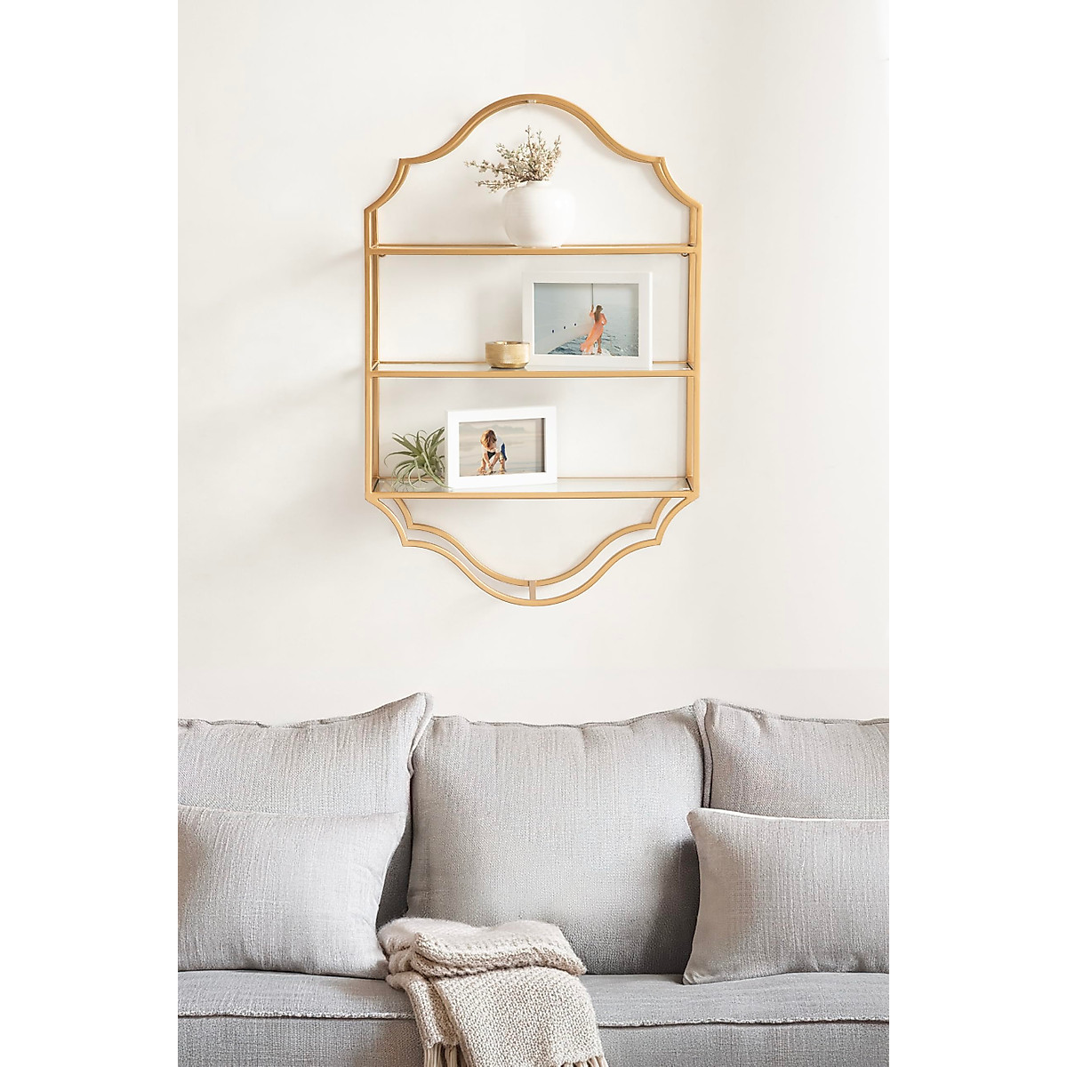 Kate and Laurel Leanna Scalloped Three-Tiered Wall Shelf, 20 x 32, Gold, Decorative Floating Shelf Storage and Wall Organizer for Bathroom Over Toilet Storage or Display