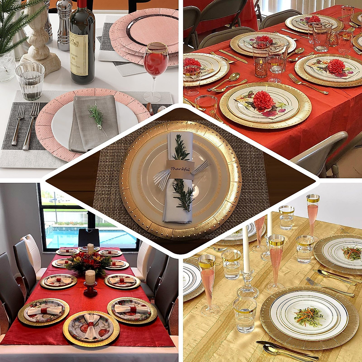 Efavormart 10 Pack | 13" Rose Gold Disposable Charger Plates, Cardboard Serving Tray, Round with Glitter Texture Dotted Rims - 1100 GSM