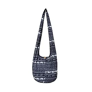 BTP! Ethnic Elephant Sling Crossbody Shoulder Bag Purse Hippie Hobo Thai Cotton Gypsy Bohemian Small (black)