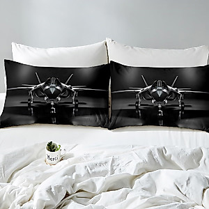 Erosebridal 3D Fighter Aircraft Comforter Set Boys Bedroom Decorative Kids Duvet Cover Black Airplane Printed Bedding Set Soft Microfiber Quilt Cover for Home Hotel Dorm (Full Size)
