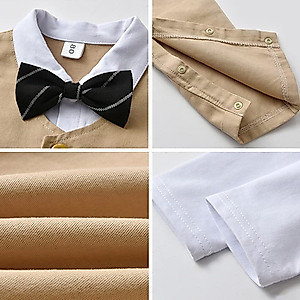 Baby Boy One-Piece Rompers Short Sleeve Jumpsuit Gentleman White Shirt Waistcoat Bowtie Tuxedo Onesie Formal Suit Infant Birthday Wedding Christening Outfit Clothes with Hat Khaki 3-6 Months