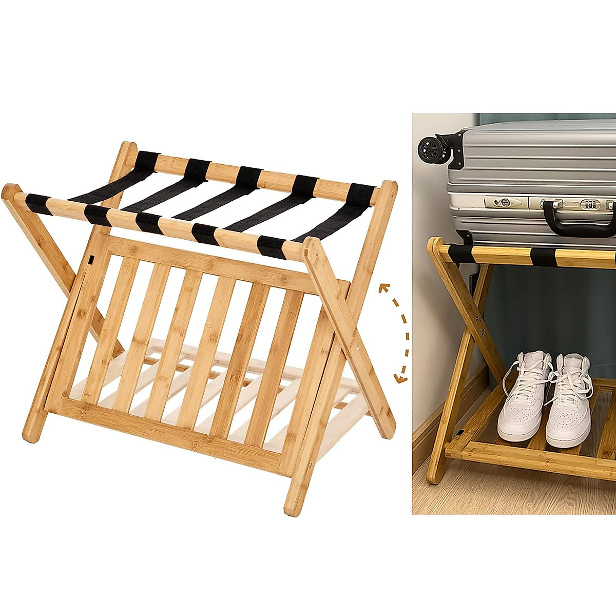 koyasiry Fully Assembled Luggage Rack,2-Packed,Foldable Bamboo Luggage Rack for Guest Room Suitcase Stand with Nylon Straps,Luggage Stand Bamboo Luggage Holder with Shelf for Bedroom,Hotel,No Assembly