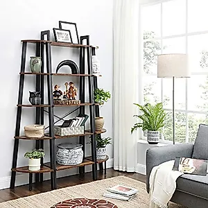 VASAGLE Industrial Bookcase, 5-Tier Corner Shelf, Rustic Brown & Ladder Shelf, 22.1" L x 13.3" W x 67.7" H, Rustic Brown