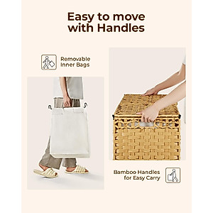 Greenstell Laundry Hamper with Lid and 2 & 1 Removable Liner Bags, No Install Needed, 130L Collapsible Laundry Basket, Wicker Clothes Hamper with Handles, Hamper for Bedroom, Bathroom, Goose Yellow