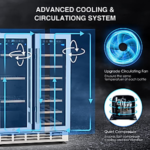 Mojgar Wine and Beverage Refrigerator, 24 Inch Dual Zone Wine Fridge with 2 Safety Locks, Under Counter Wine Cooler Fridge Built-In or Freestanding, Holds 20 Bottles and 57 Cans (Double Glass Door)